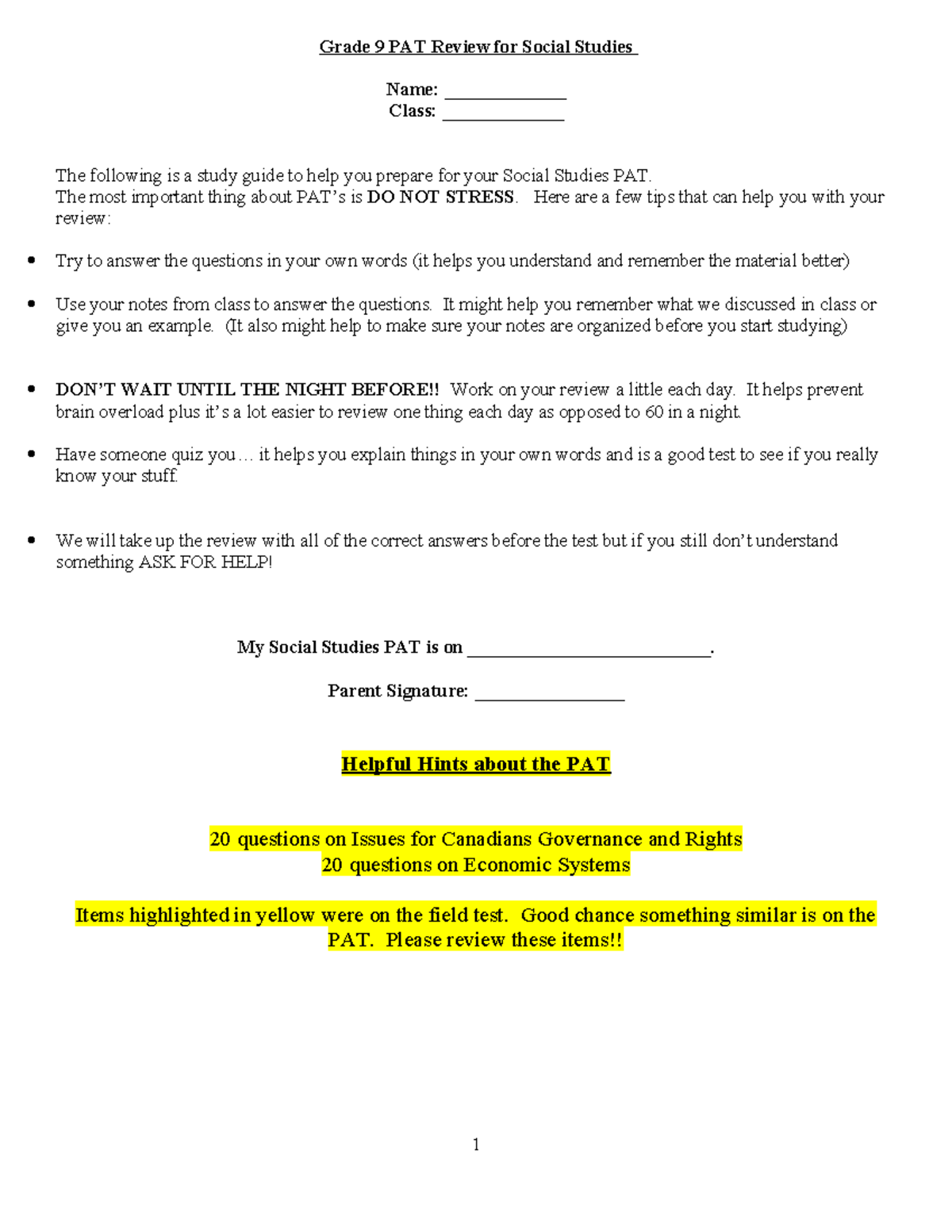 Grade 9 Social Studies PAT Review Guide: Key Study Points and Tips ...