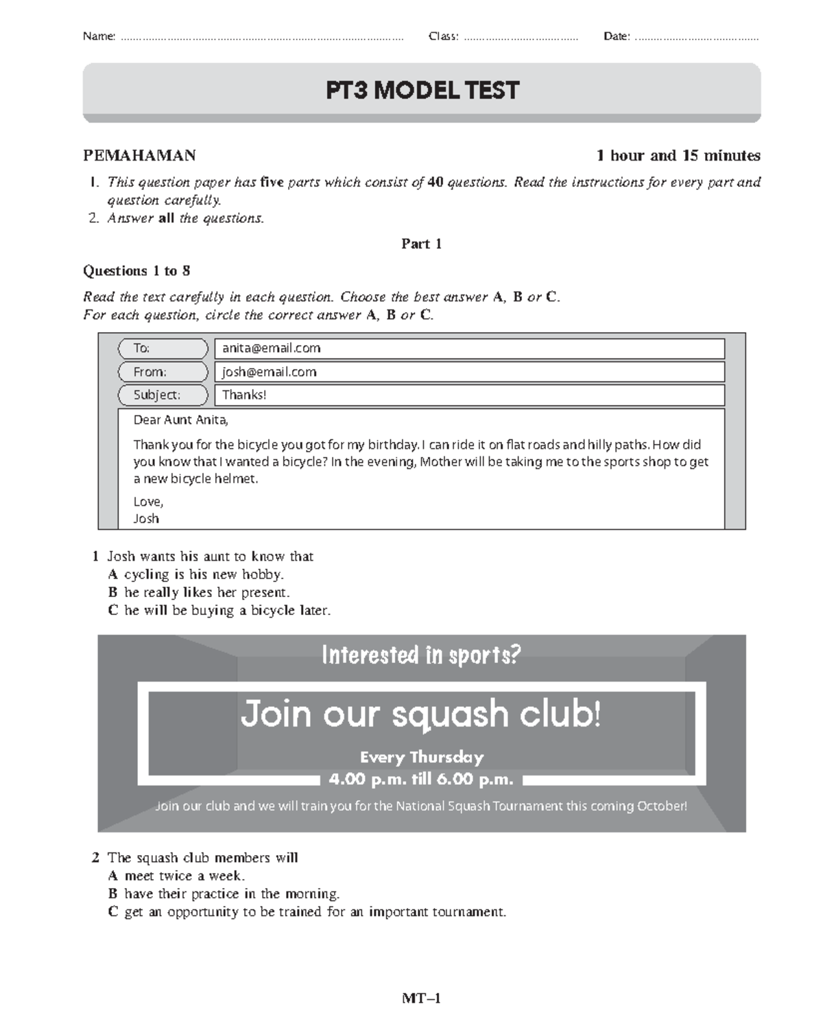 PT3 Model Test - Student’s Copy with Questions and Answers - Studocu