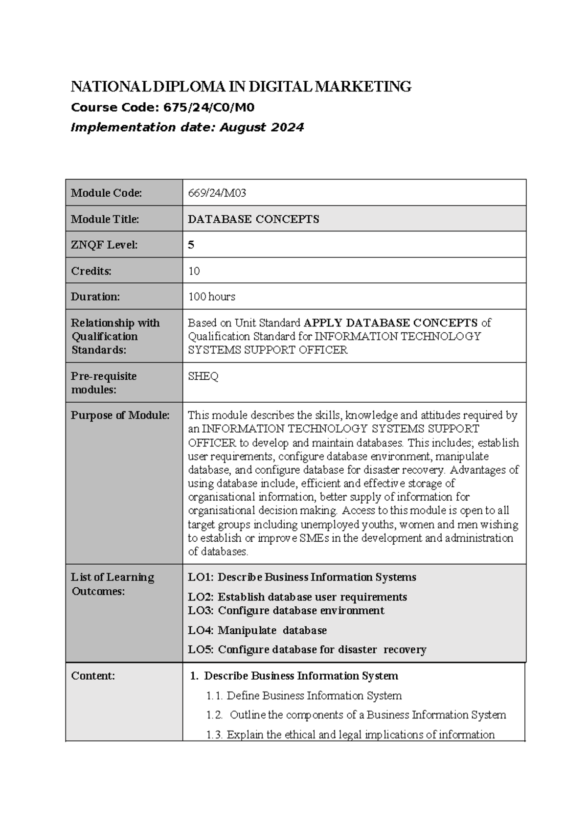 DATABASE CONCEPTS NOTES (ZNQF Level 5) - NATIONAL DIPLOMA IN DIGITAL ...