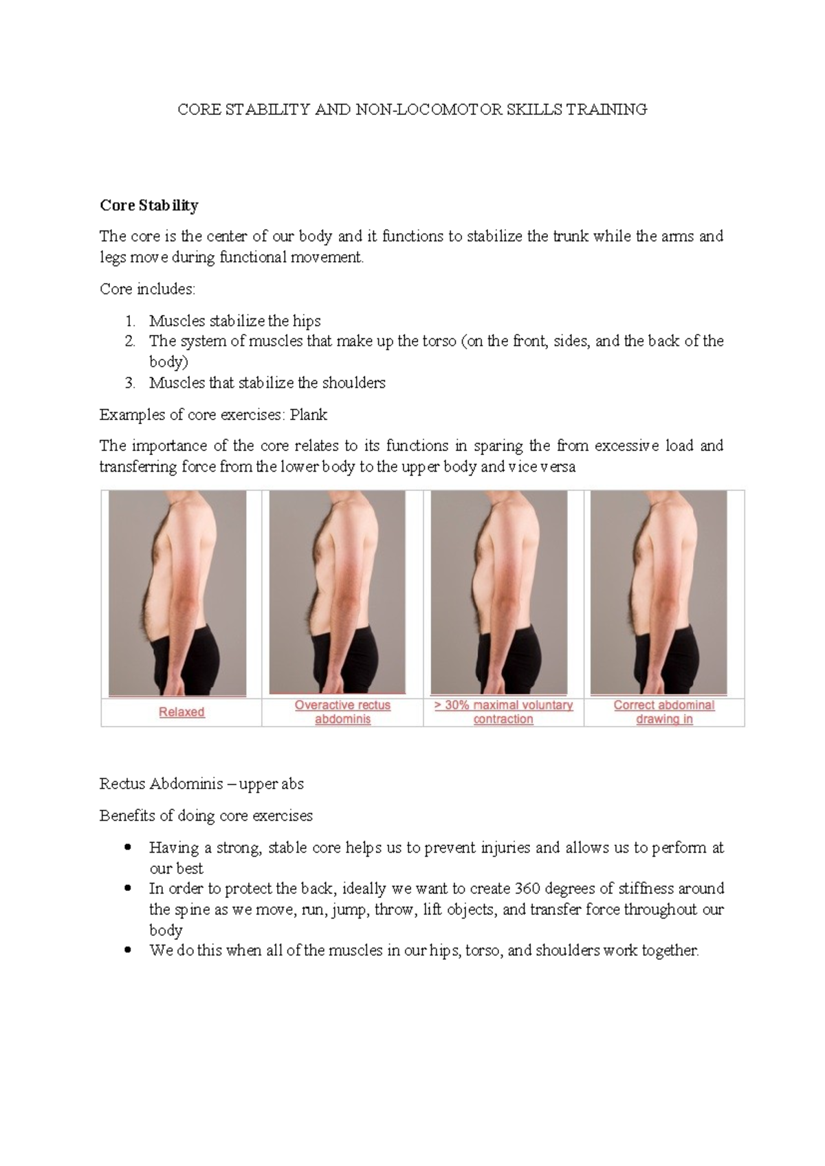 CORE Stability & Non-Locomotor Skills Training Overview - Studocu