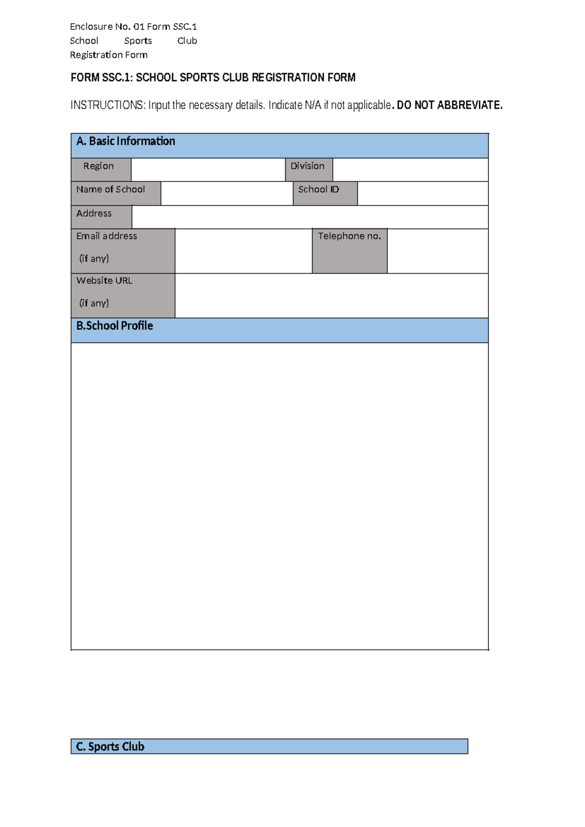 SSC Forms 1 & 2 - Sports Club Registration & Details Documentation ...