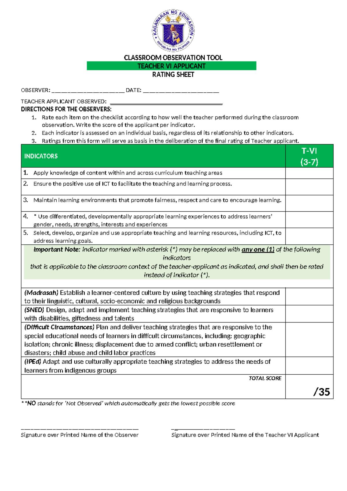 COT-R Teacher VI Applicant Rating Sheet - Classroom Observation Tool - Studocu
