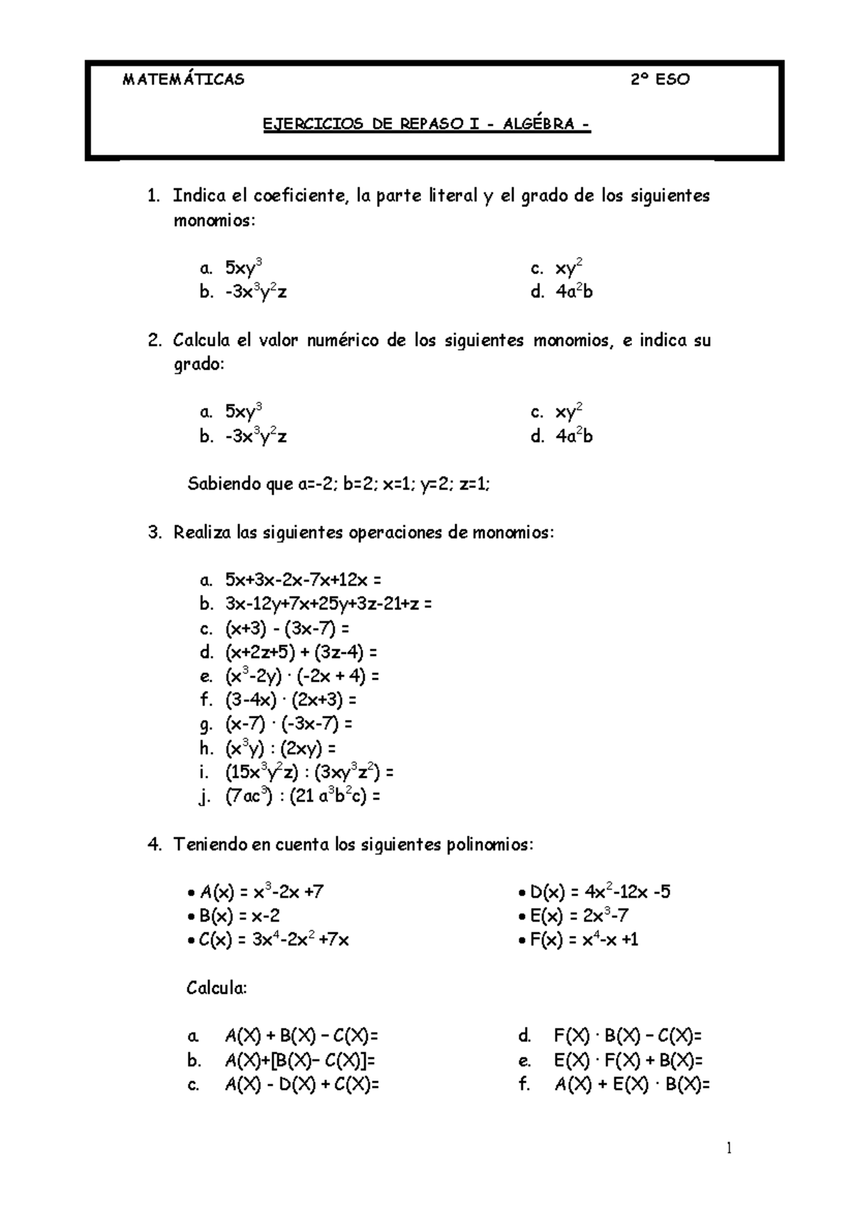 MATEMÁTICAS 2º ESO EJERCICIOS DE REPASO I EN ÁLGEBRA - Studocu