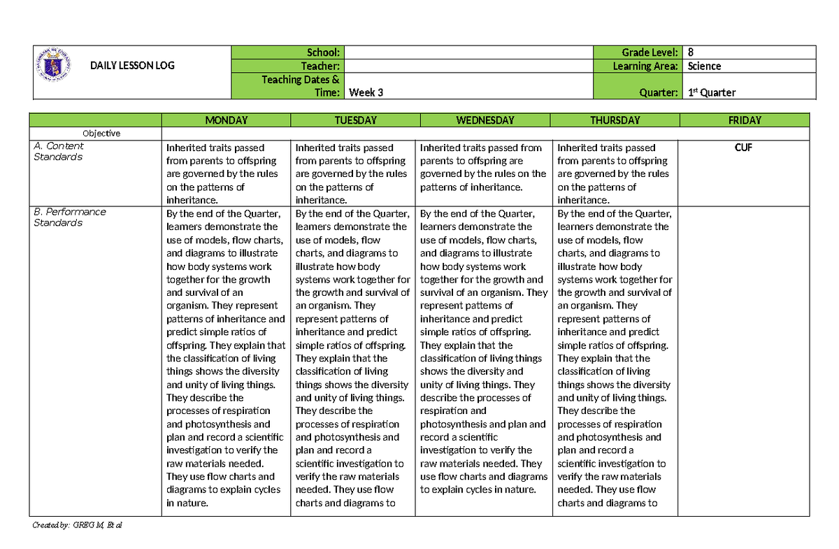 Science 8 Q1 Week 3 Daily Lesson Log on Inheritance Patterns - Studocu