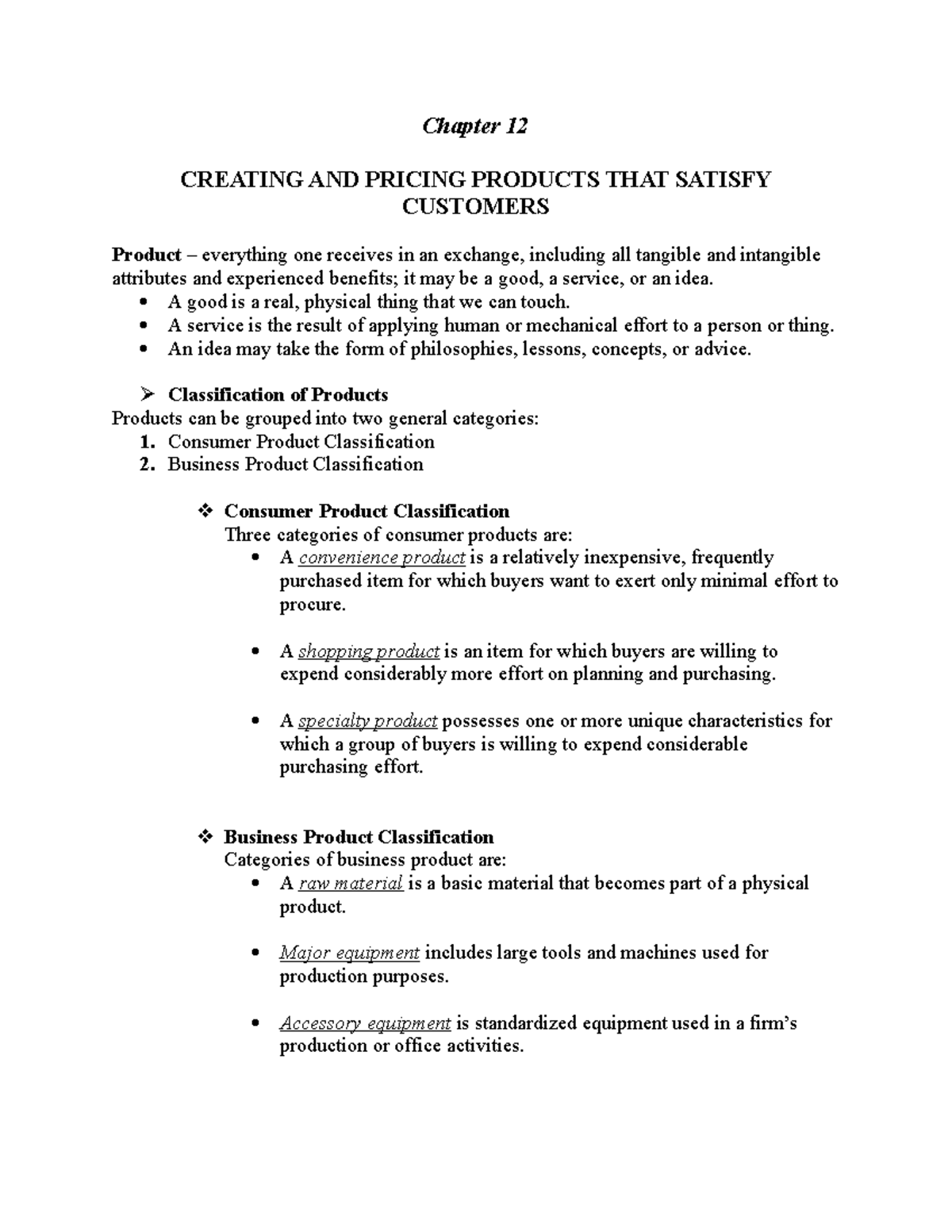 Chapter 12 Business Lecture Notes: Product Creation and Pricing ...