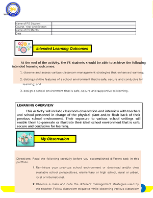 FS 2 Activity 1 - FS 2 ACT 1 - E- PORTFOLIO FOR FIELD STUDY 2 ...