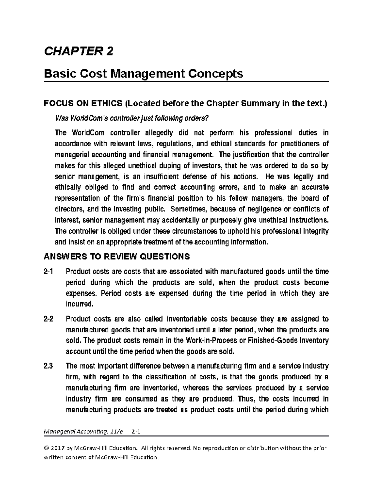 Managerial Accounting MGT101 - Chapter 2 Solutions Manual 2017 - Studocu