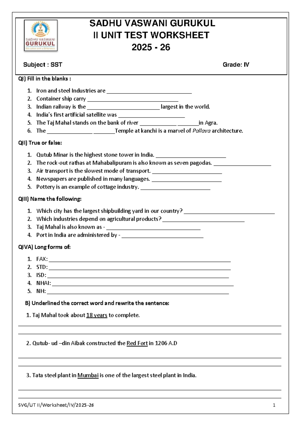 SST Grade IV Unit Test Worksheet 2025-26: Revision Guide - Studocu