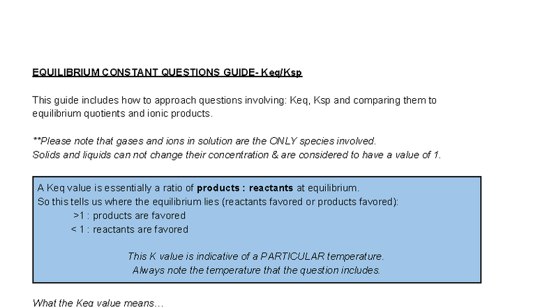 EQUILIBRIUM CONSTANT CALCULATION GUIDE (Keq & Ksp) - Studocu