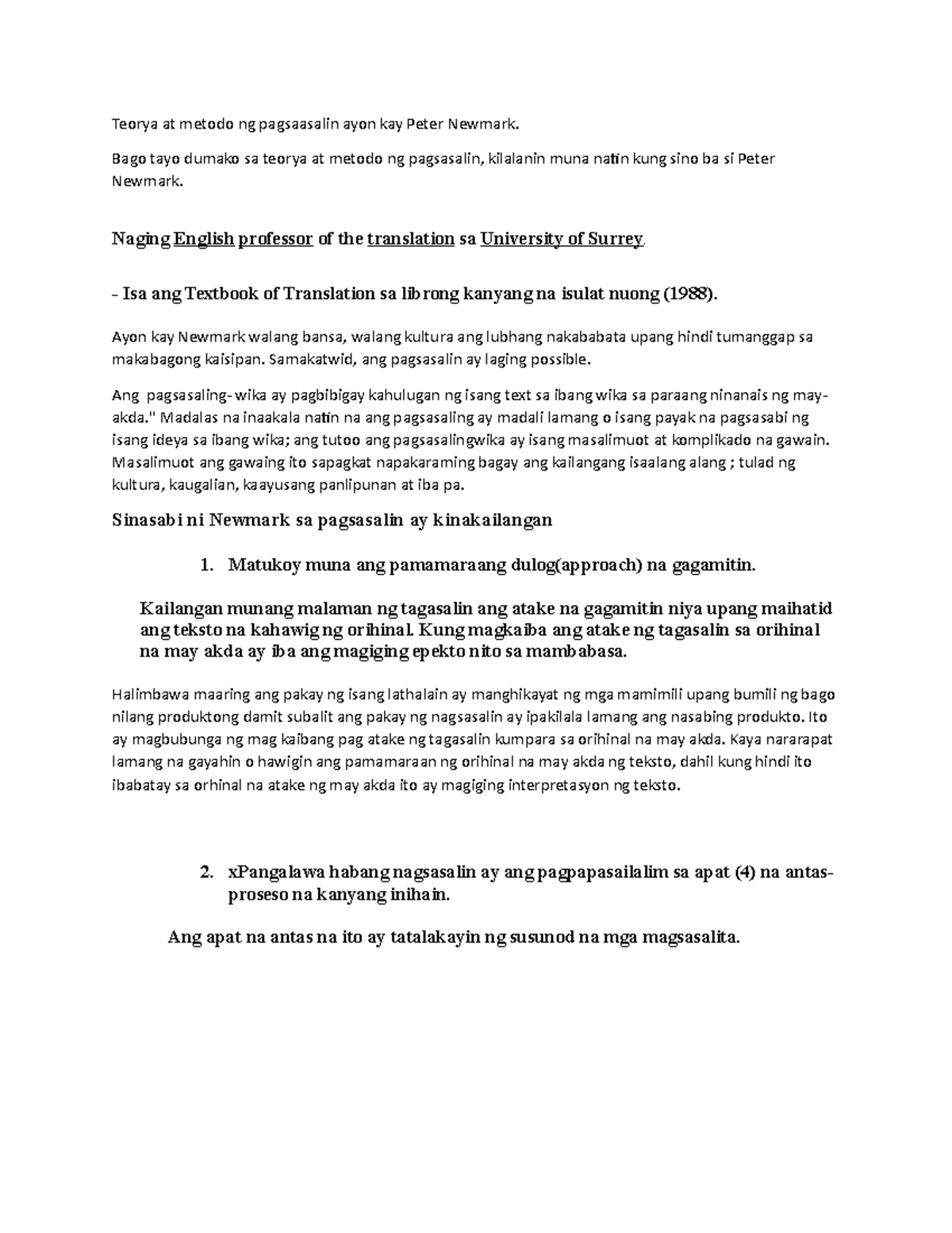 Teorya at Metodo ng Pagsasalin Ayon kay Newmark: Isang Pagsusuri - Studocu