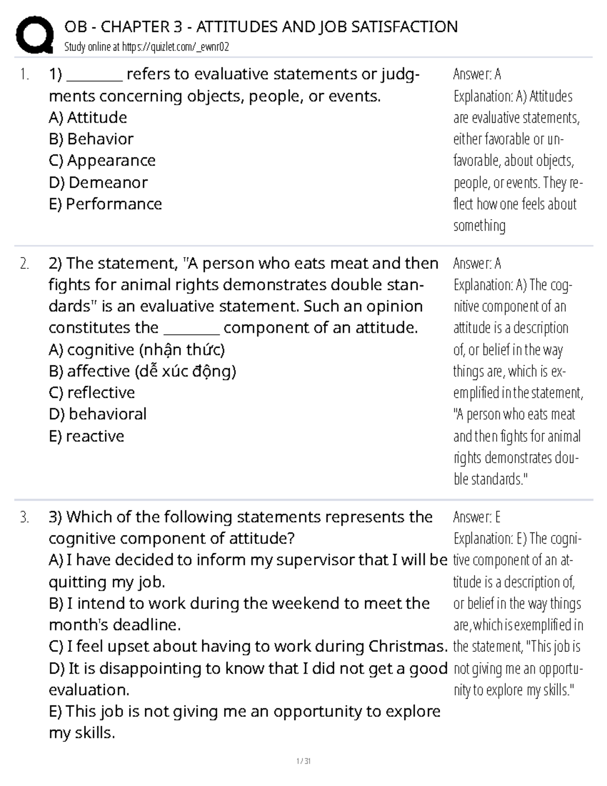 OB CHAPTER 3: ATTITUDES AND JOB SATISFACTION MCQ Study Guide - Studocu
