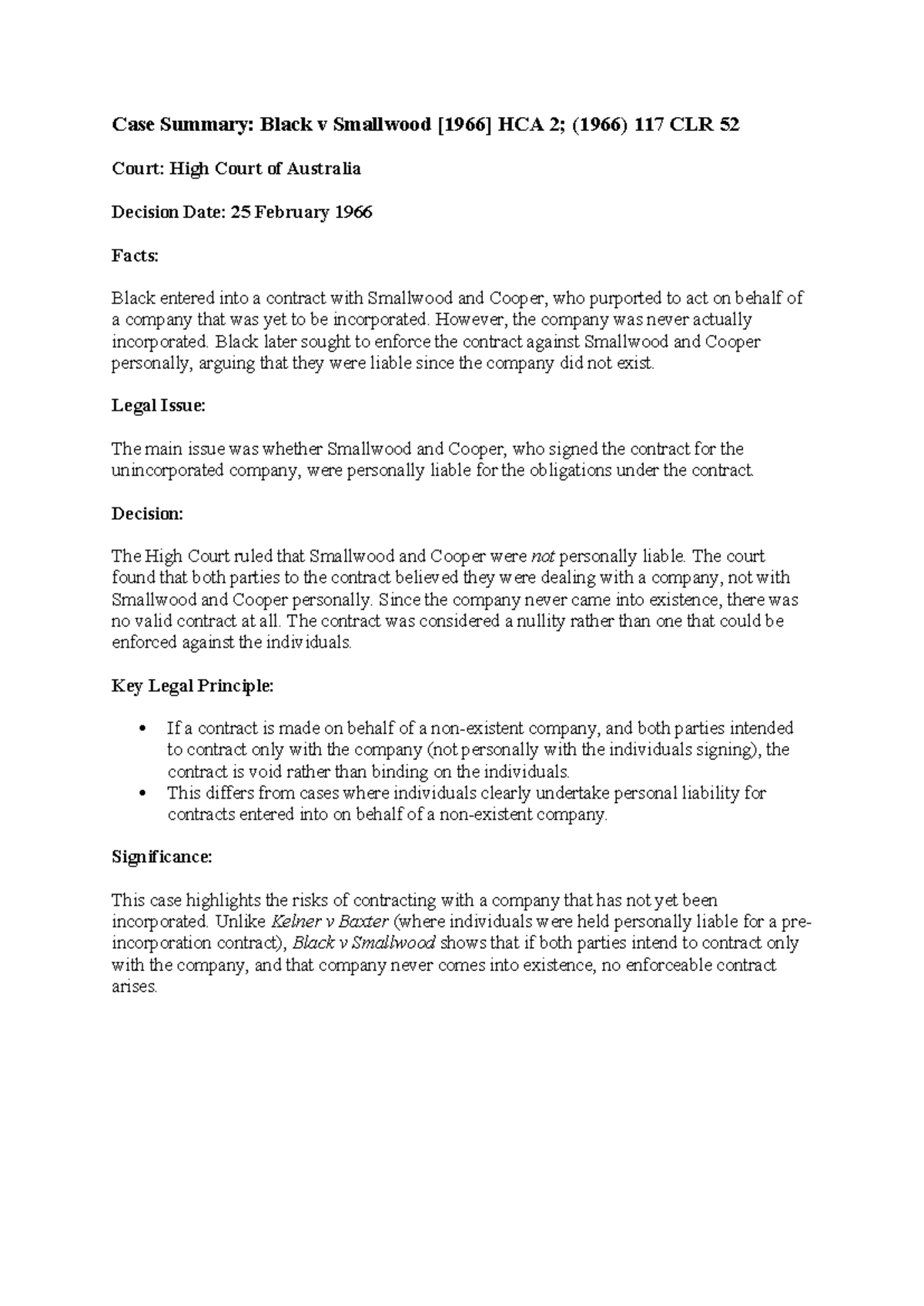 Case Summary: Black v Smallwood [1966] HCA 2; 117 CLR 52 Analysis - Studocu