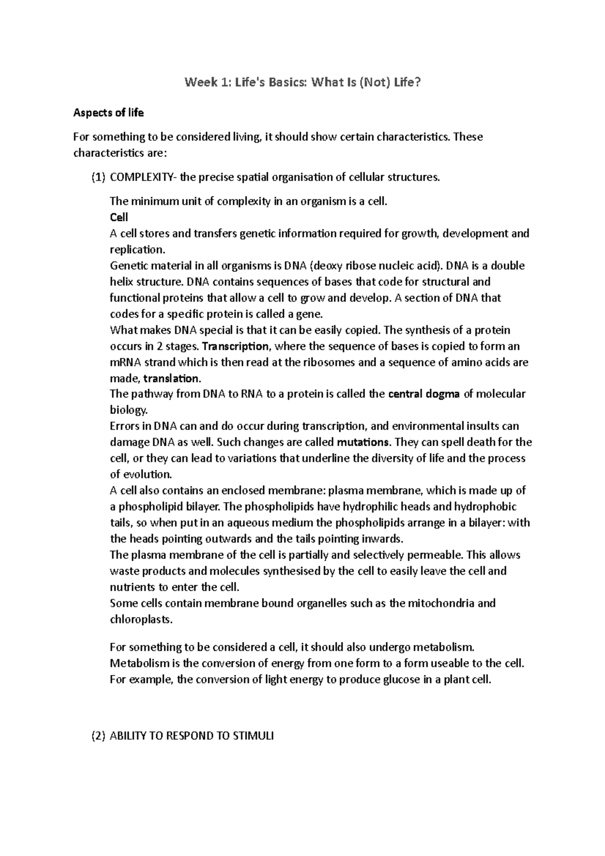 BIO1011 Week 1 Lecture Notes: Overview of Life's Basics and ...