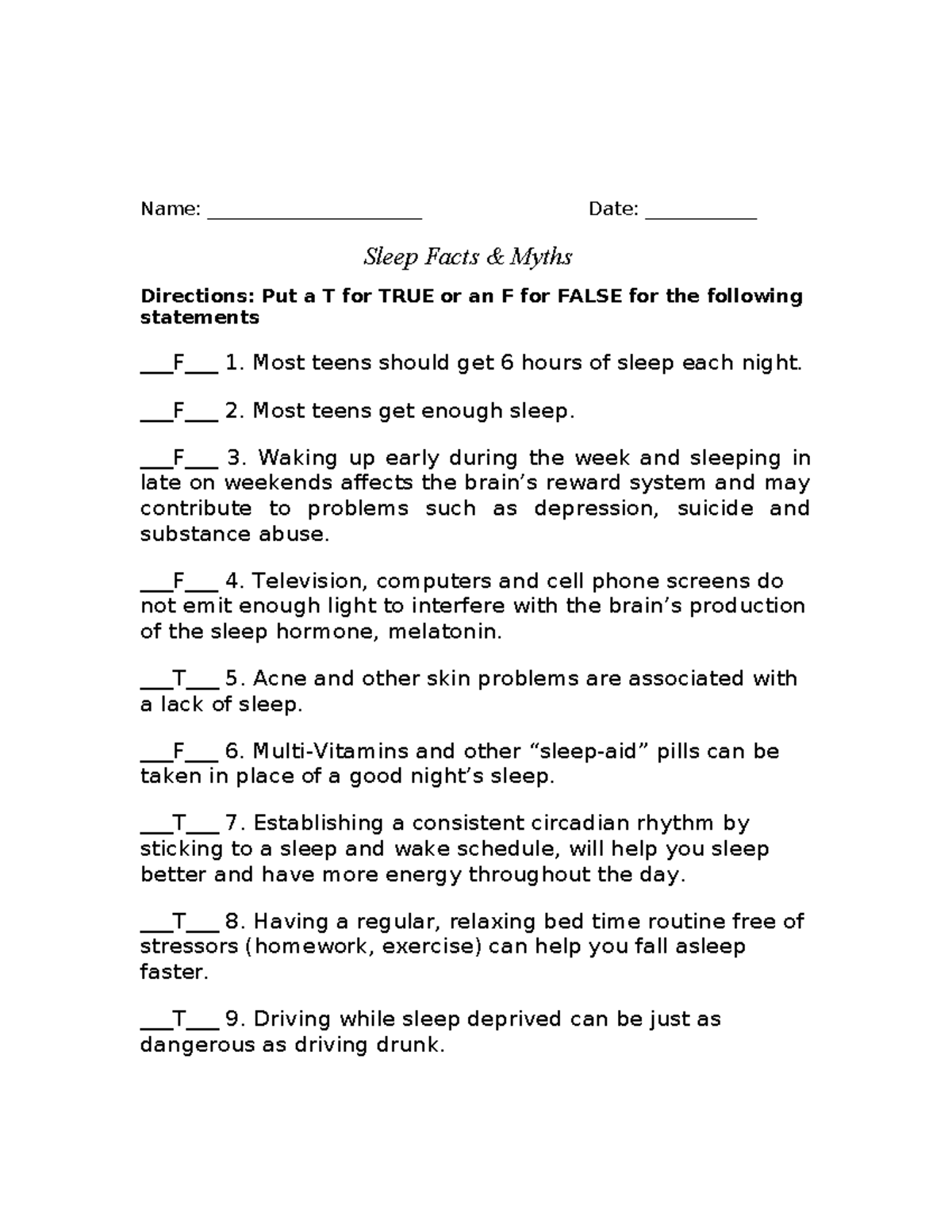 Sleep Facts & Myths Worksheet: True or False Quiz - Studocu