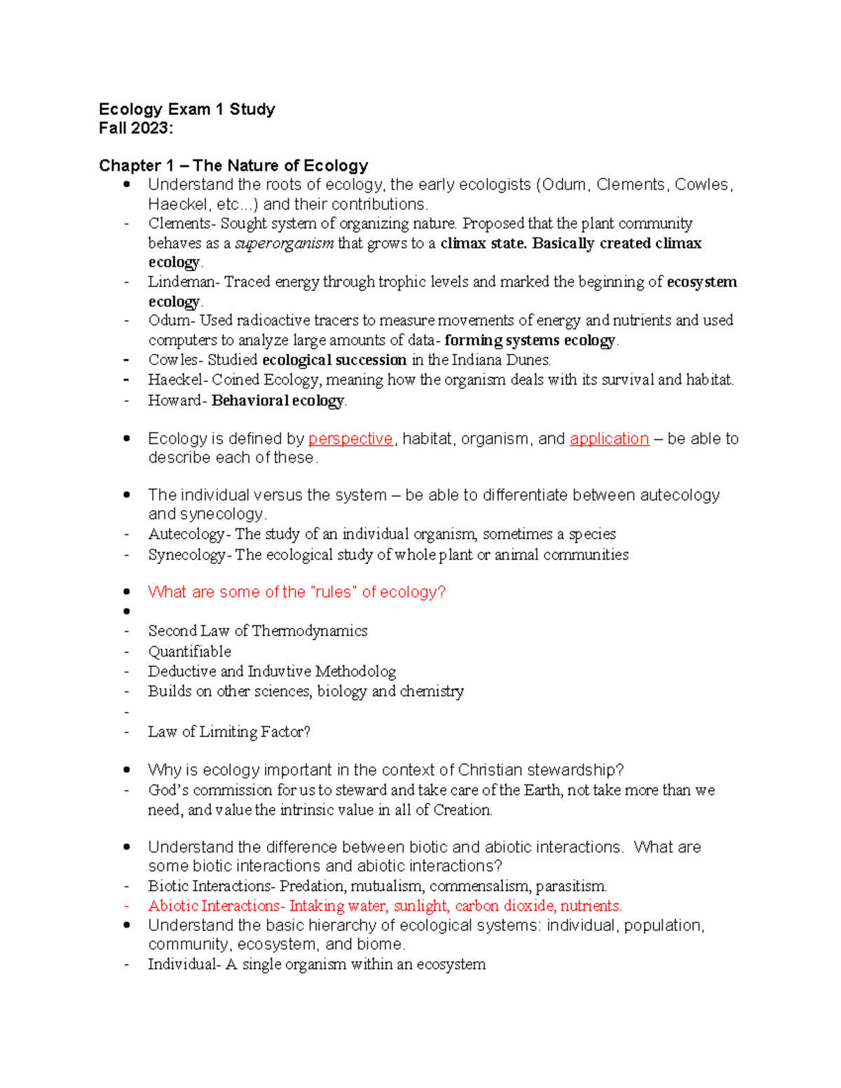 Ecology Exam 1 Study Guide (Fall 2023): Key Concepts & Topics - Studocu