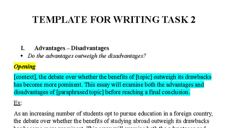 Template for Writing Task 2: Advantages & Disadvantages - Studocu