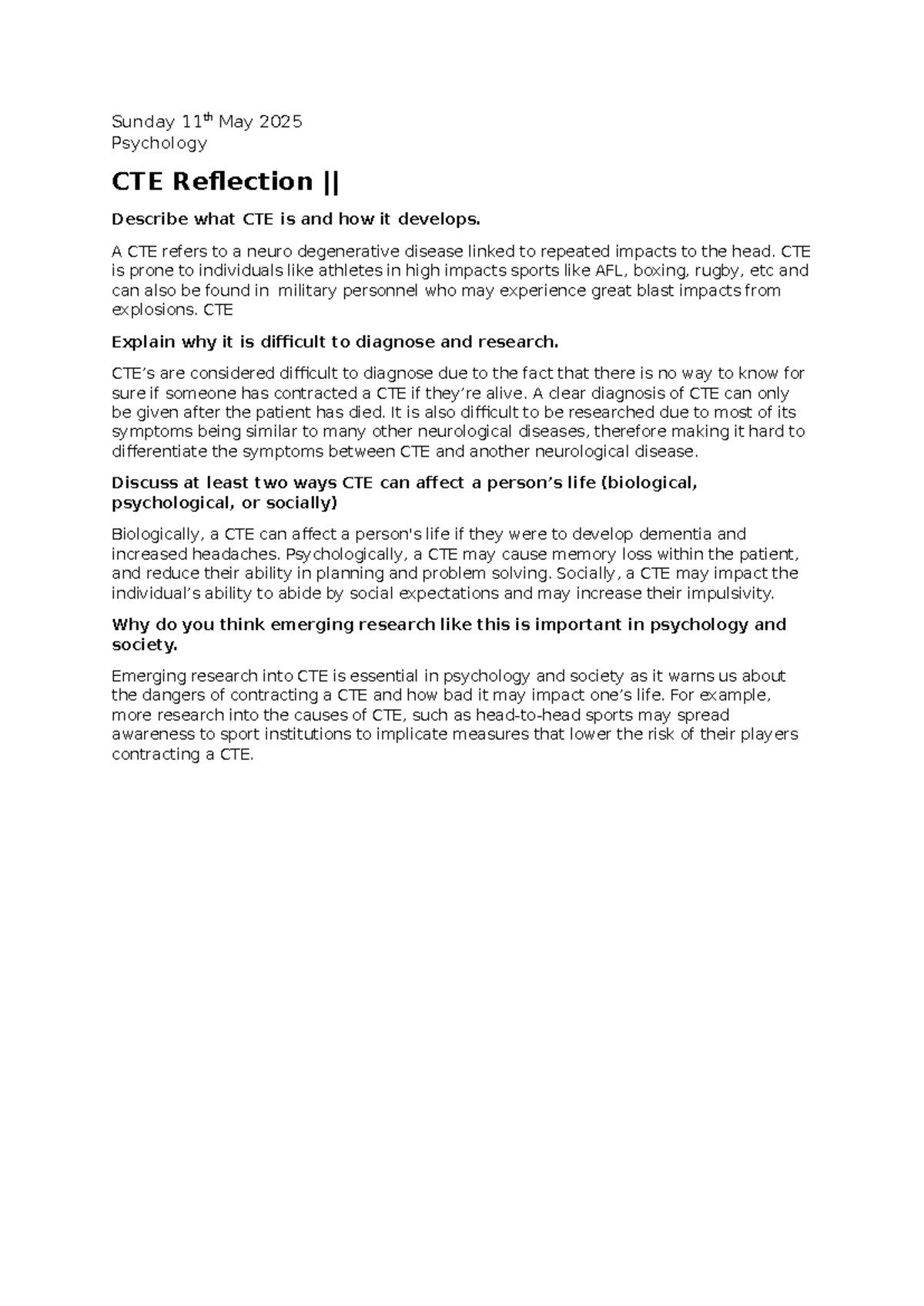 CTE Reflection: Understanding the Impact of CTE in Psychology - Studocu