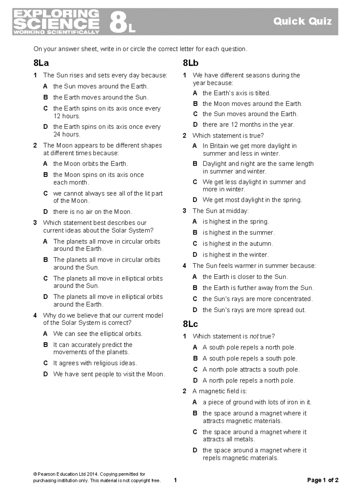 8L Quick Quiz on Earth, Space, and the Solar System - Studocu