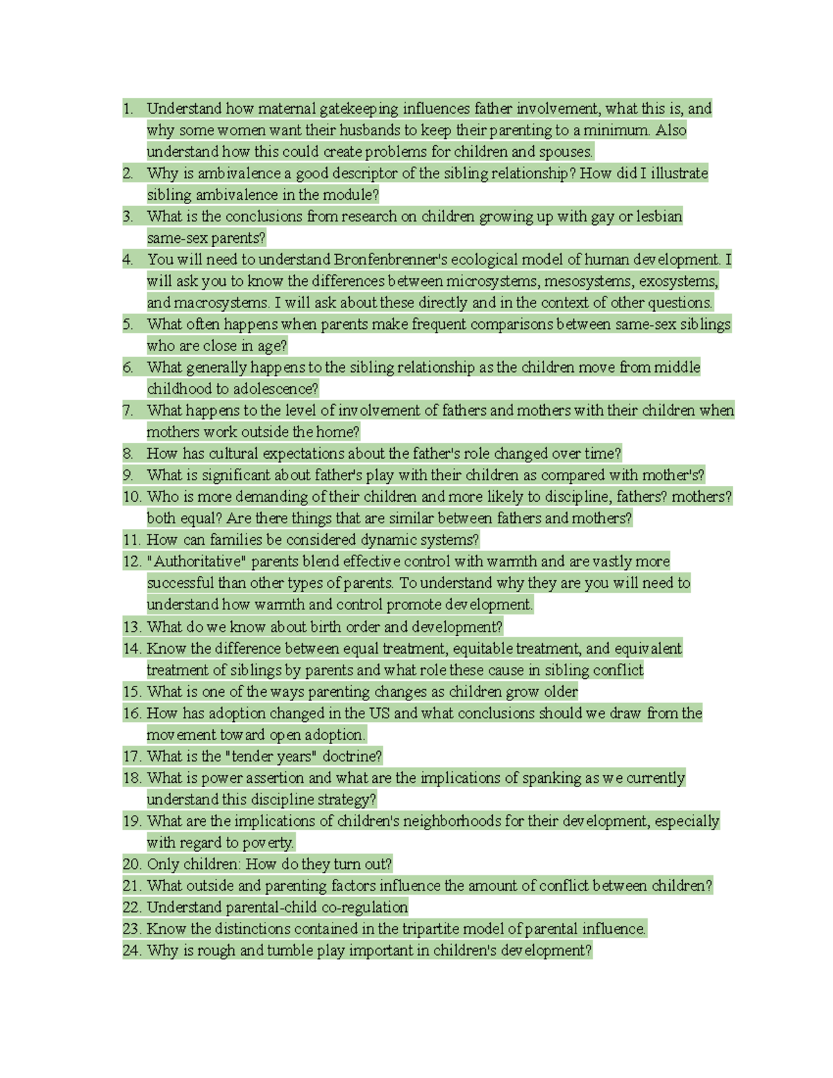 Exam 4 Review: Maternal Gatekeeping, Sibling Dynamics, and Parenting ...
