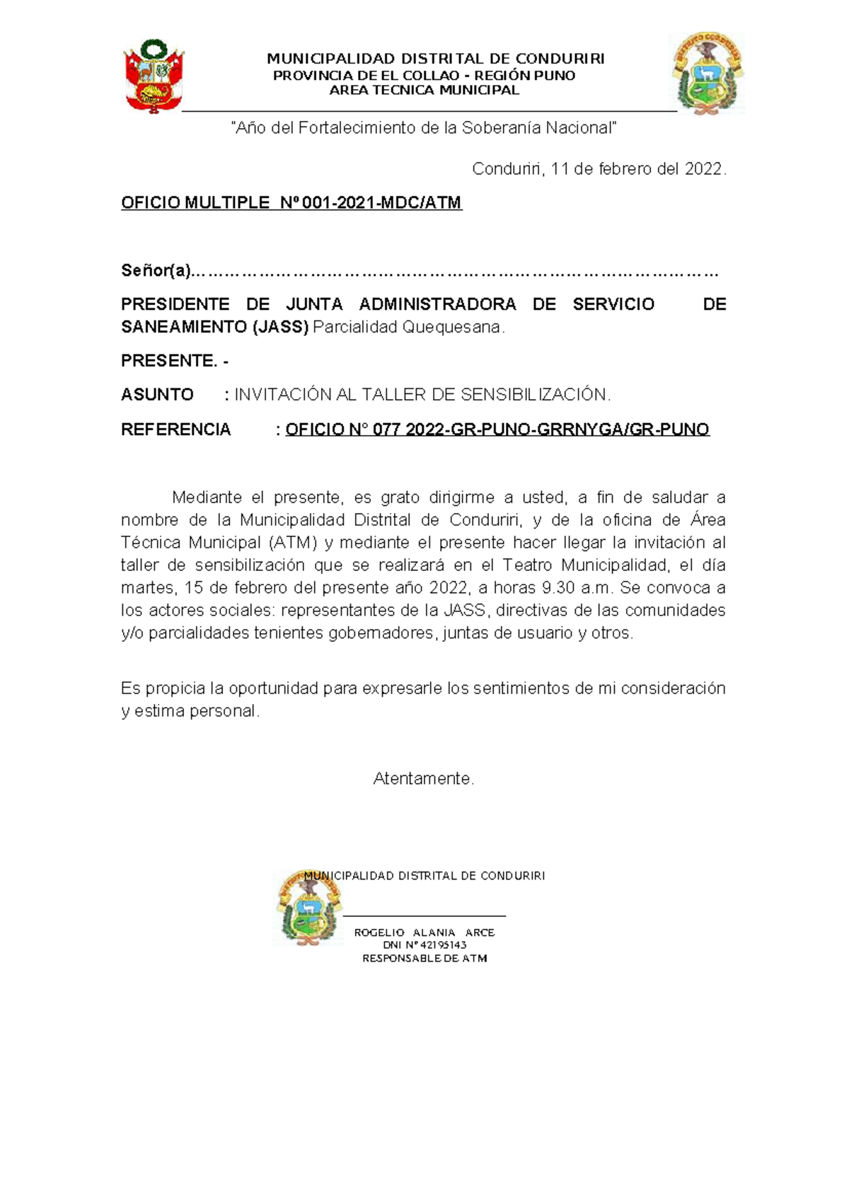Invitación al Taller de Sensibilización - ATM Conduriri, Feb 2022 - Studocu