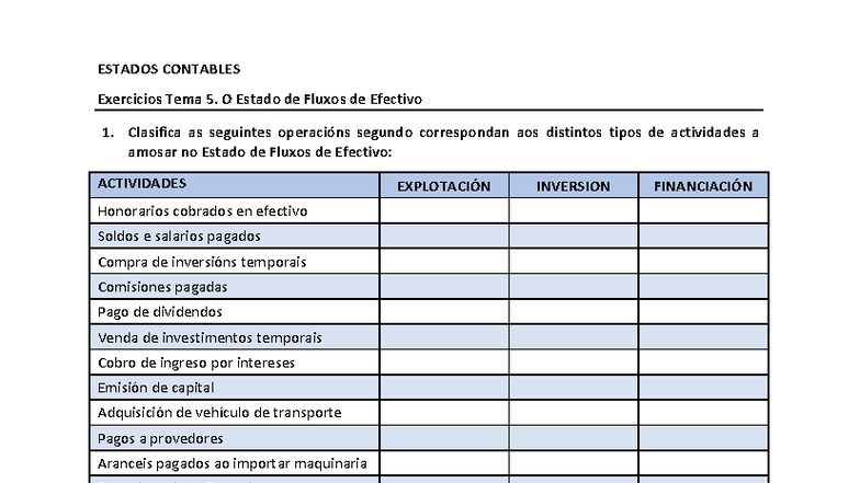 Exercicios de Contabilidade Tema 5: Fluxos de Efectivo [GAL] - Studocu