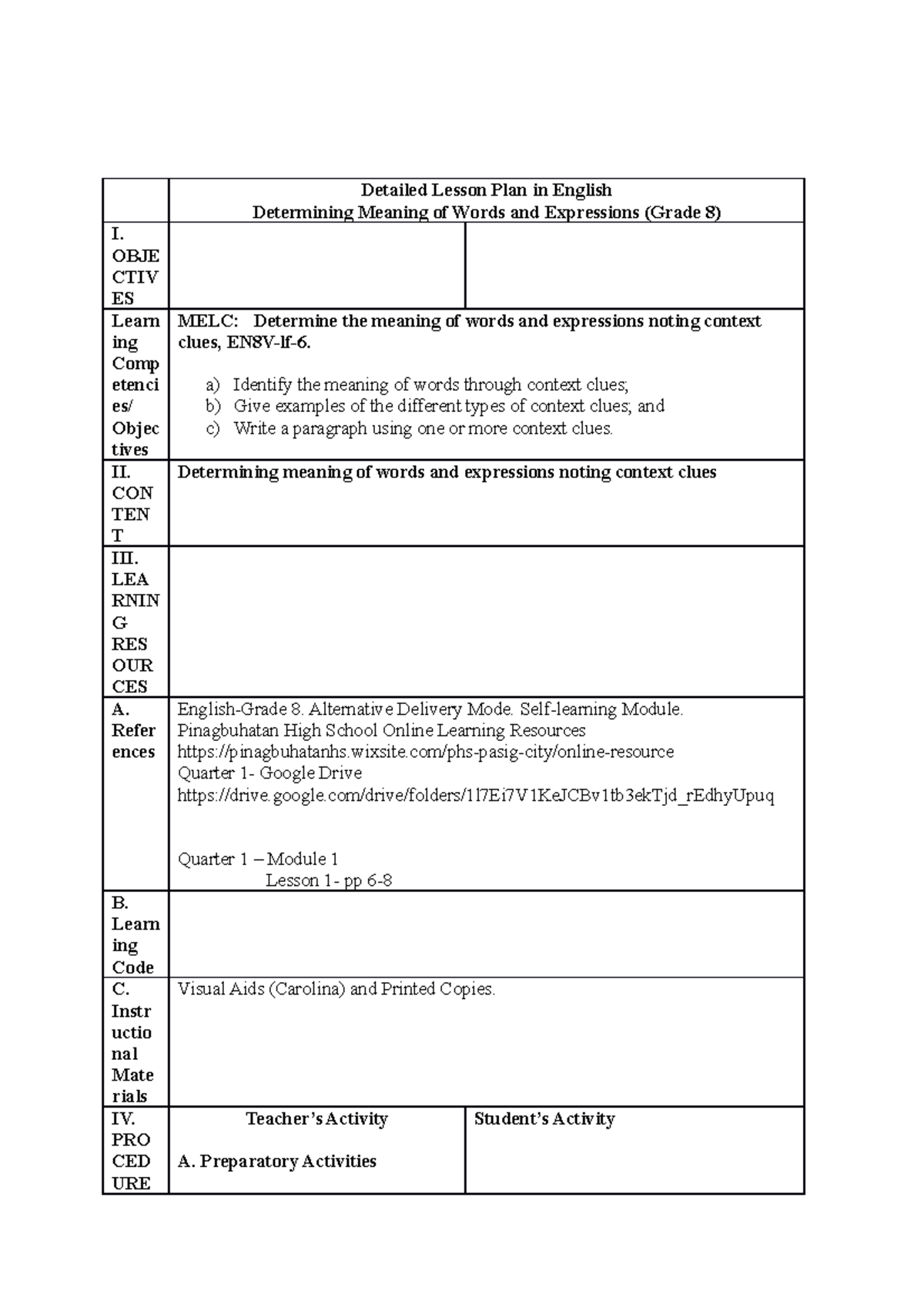Lesson PLAN - Detailed Lesson Plan in English Determining Meaning of ...