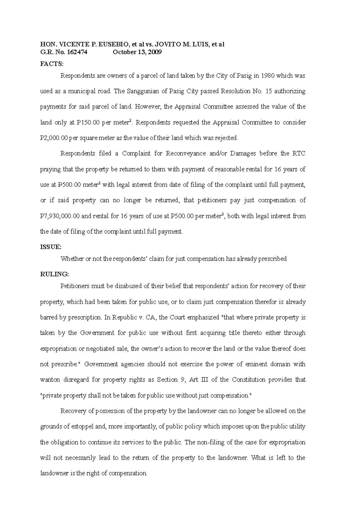 Vicente vs Jovito Case Digest (G.R. No. 162474, Oct 13, 2009) - Studocu