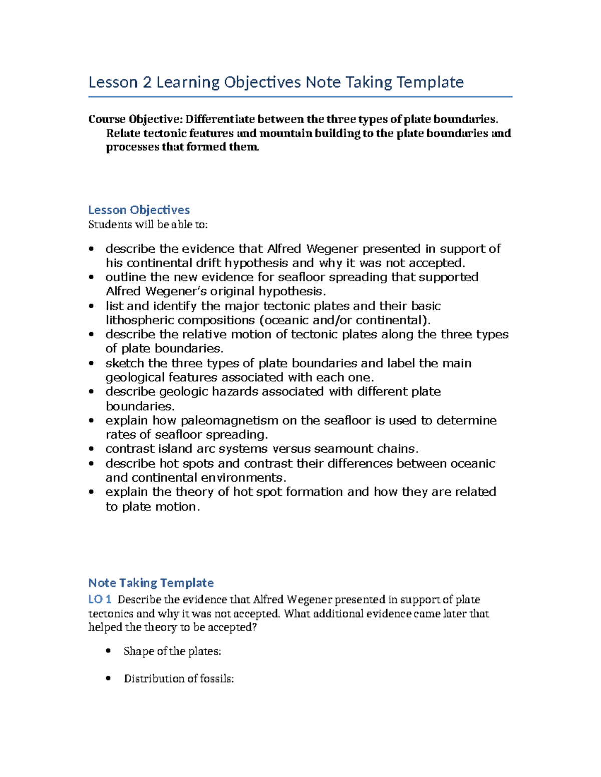 Plate Tectonics and Boundaries: Lesson 2 Learning Objectives Template - Studocu