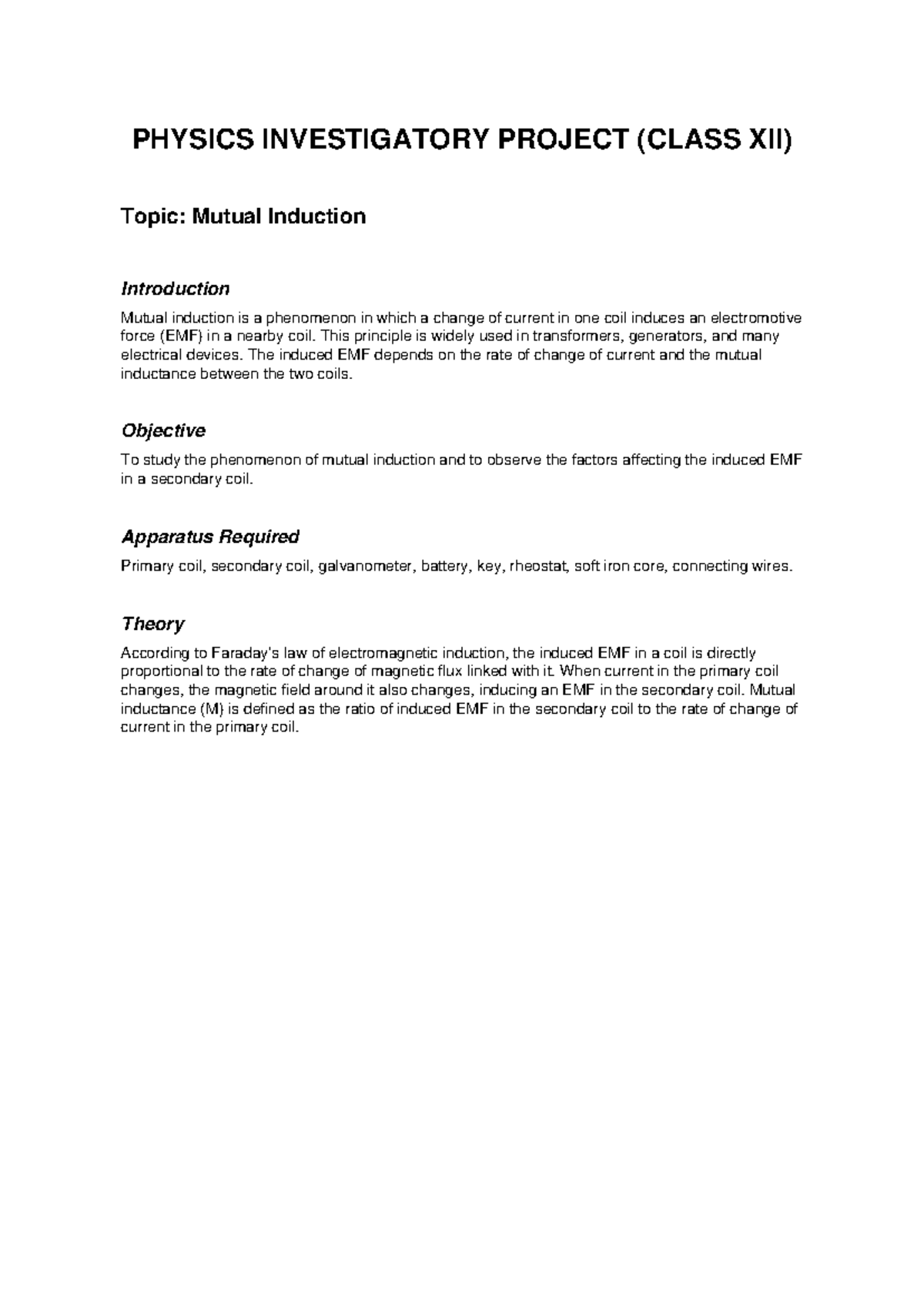 PHYSICS INVESTIGATORY PROJECT (CLASS XII): Mutual Induction Study - Studocu