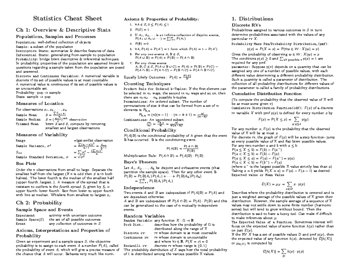 Statistics (STAT 101) Cheat Sheet: Summaries & Key Concepts - Studocu
