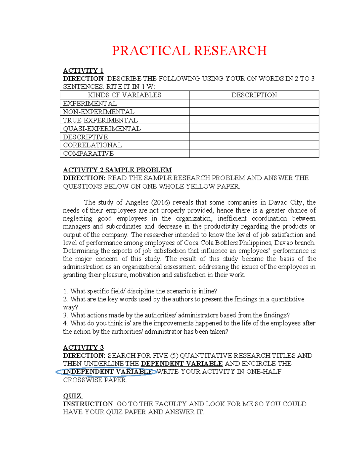 Completion OF Activity - PRACTICAL RESEARCH ACTIVITY 1 DIRECTION ...