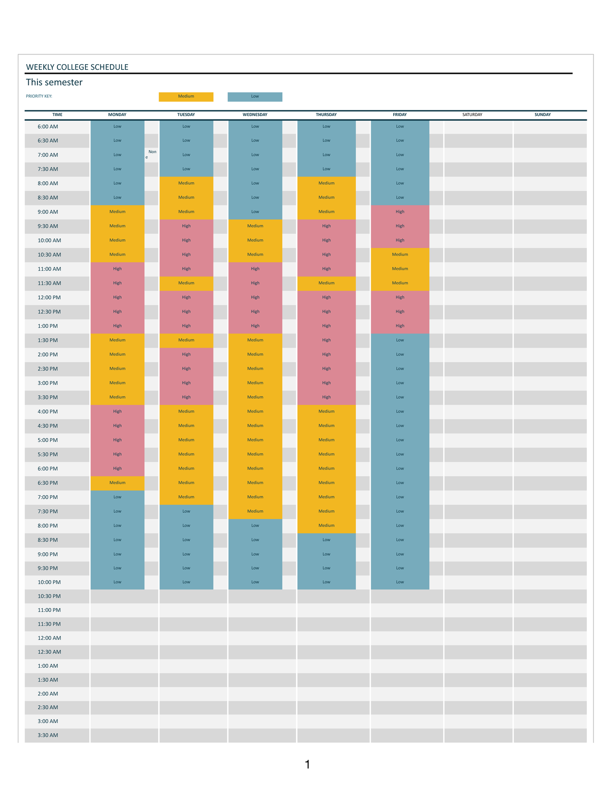 Weekly College Schedule Template for Semester Planning - Studocu