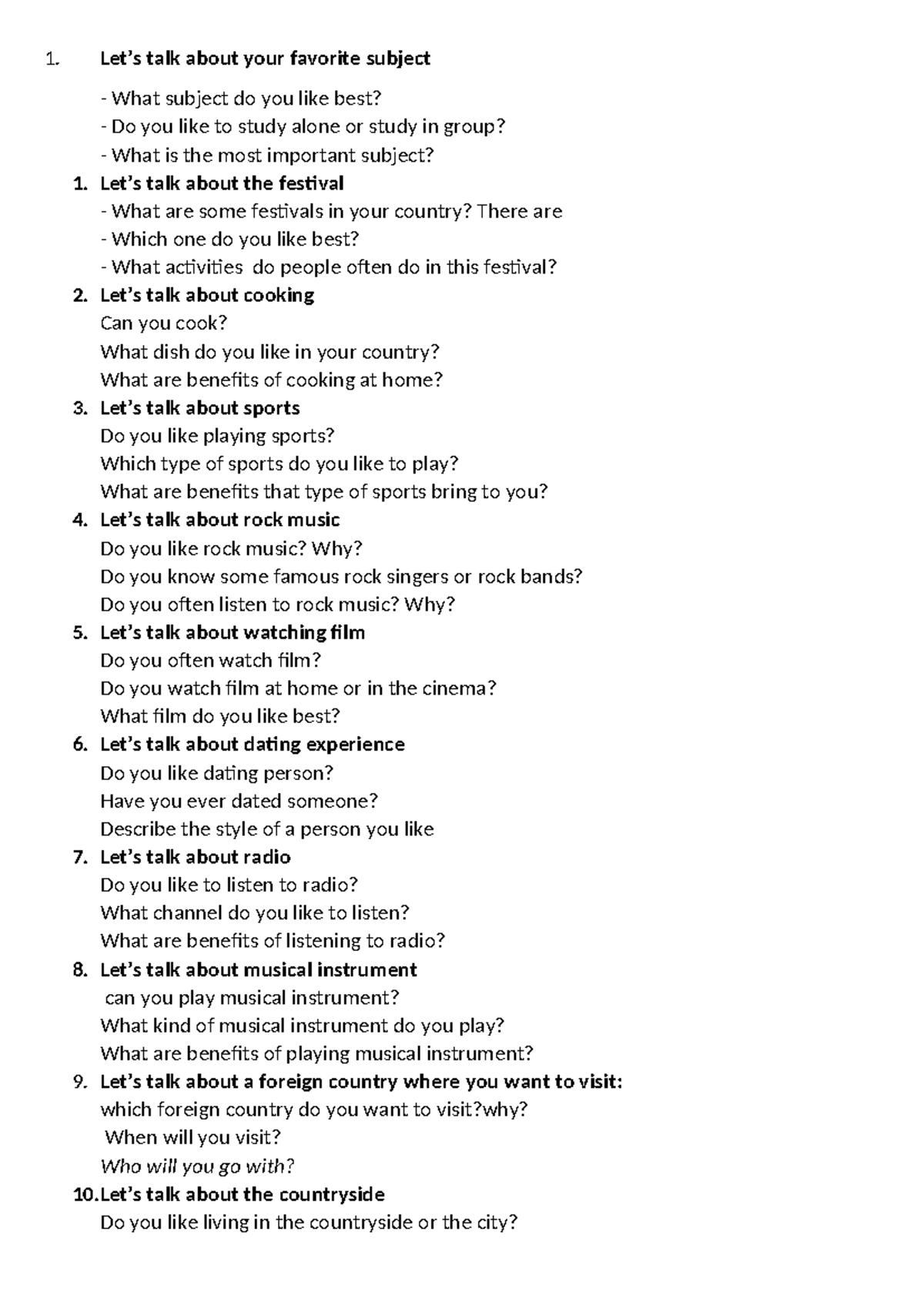 Speaking Part 1 Practice: Topics and Questions - Studocu