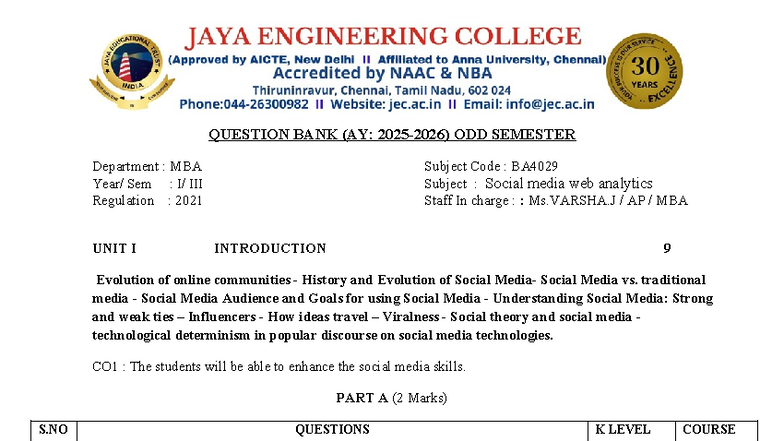 BA4029 - Social Media Web Analytics Question Bank (Odd Sem) - Studocu