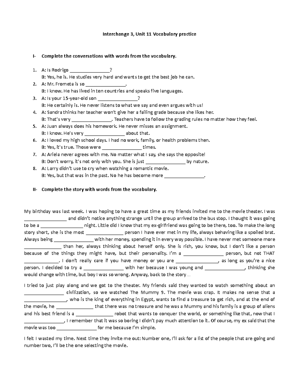 Interchange 3 Unit 11 Vocabulary Quiz Practice Exercise - Studocu