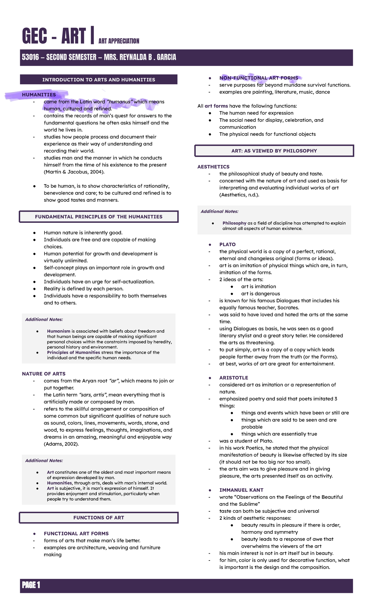 GEC ART 53016: Intro to Arts & Humanities Overview - Studocu