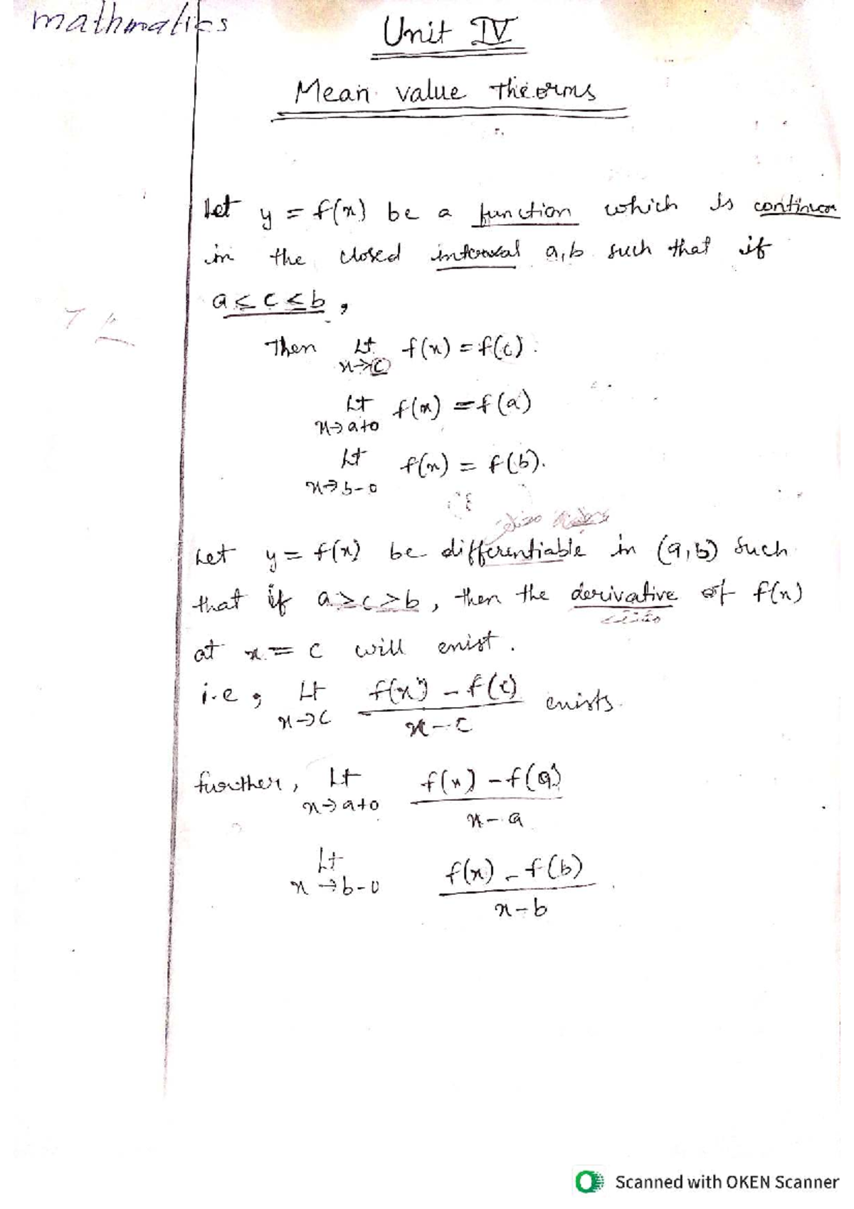 M1 Unit IV Notes: Mean Value Theorems and Applications - Studocu