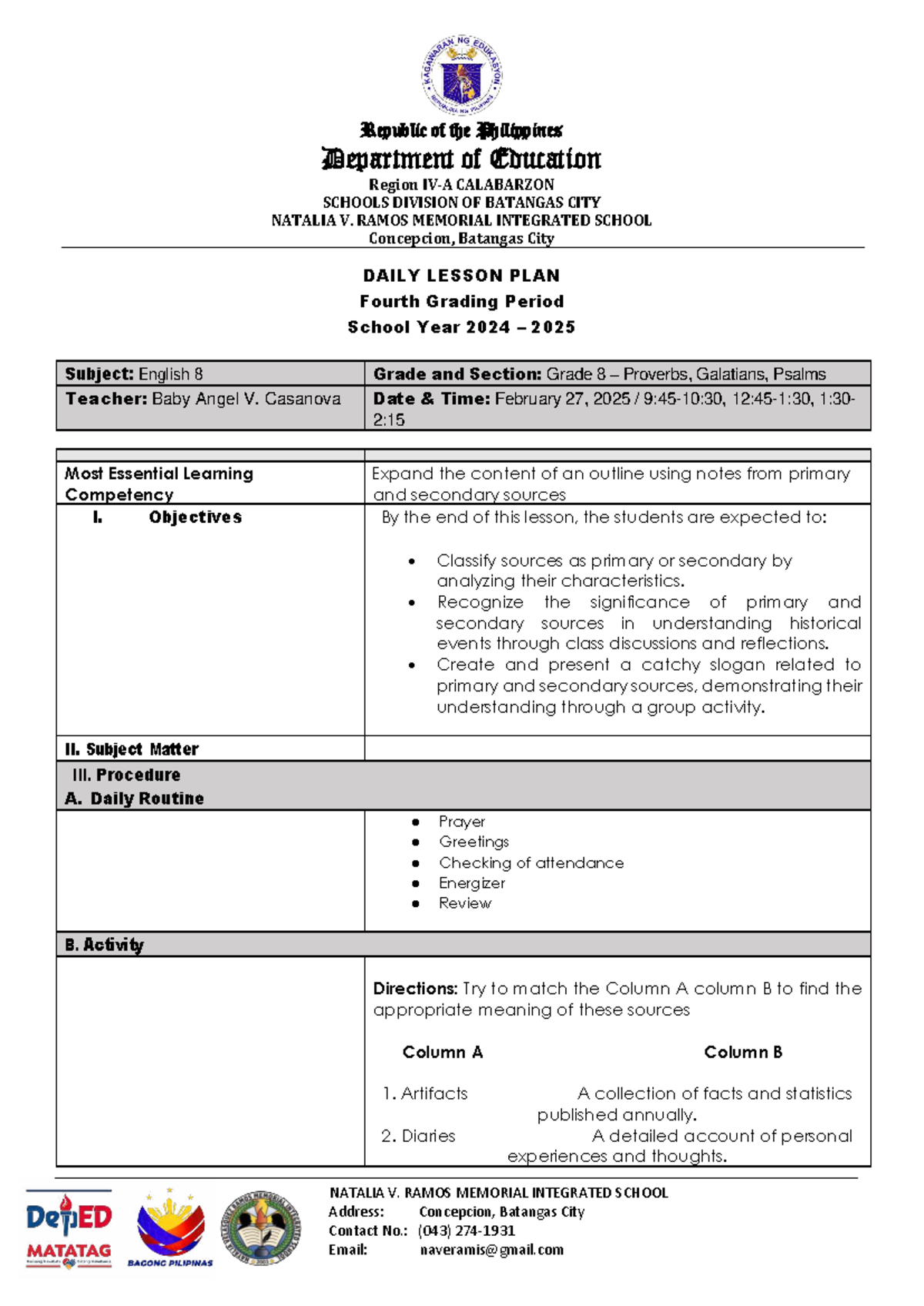 English 8 Daily Lesson Plan: Understanding Primary & Secondary Sources ...