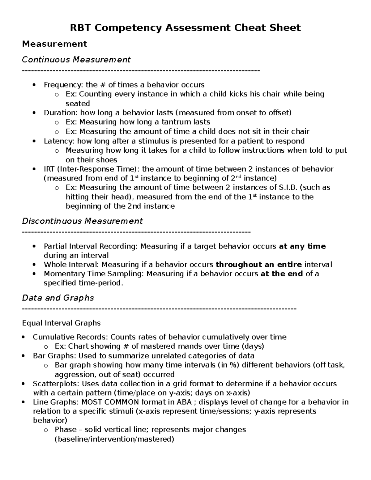 RBT Competency Assessment Cheat Sheet: Measurement Techniques and ...