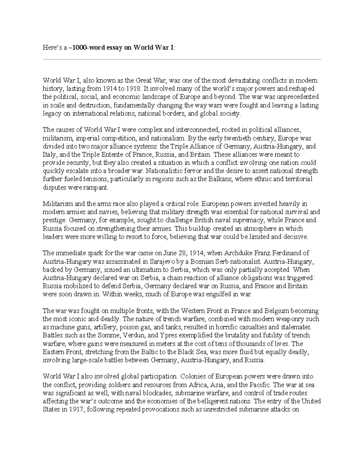 Ww1 - A Comprehensive Essay on the Great War (1914-1918) - Studocu