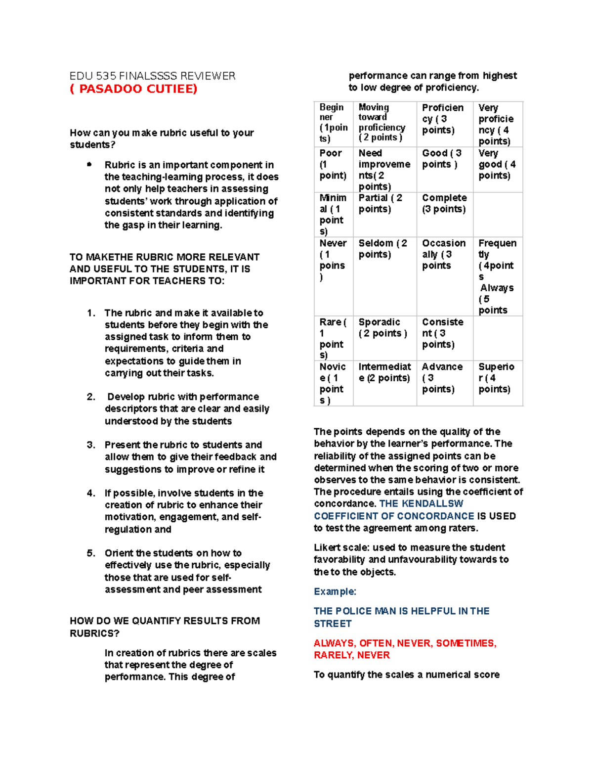 EDU 535 Final Exam Reviewer: Effective Use of Rubrics in Assessment ...