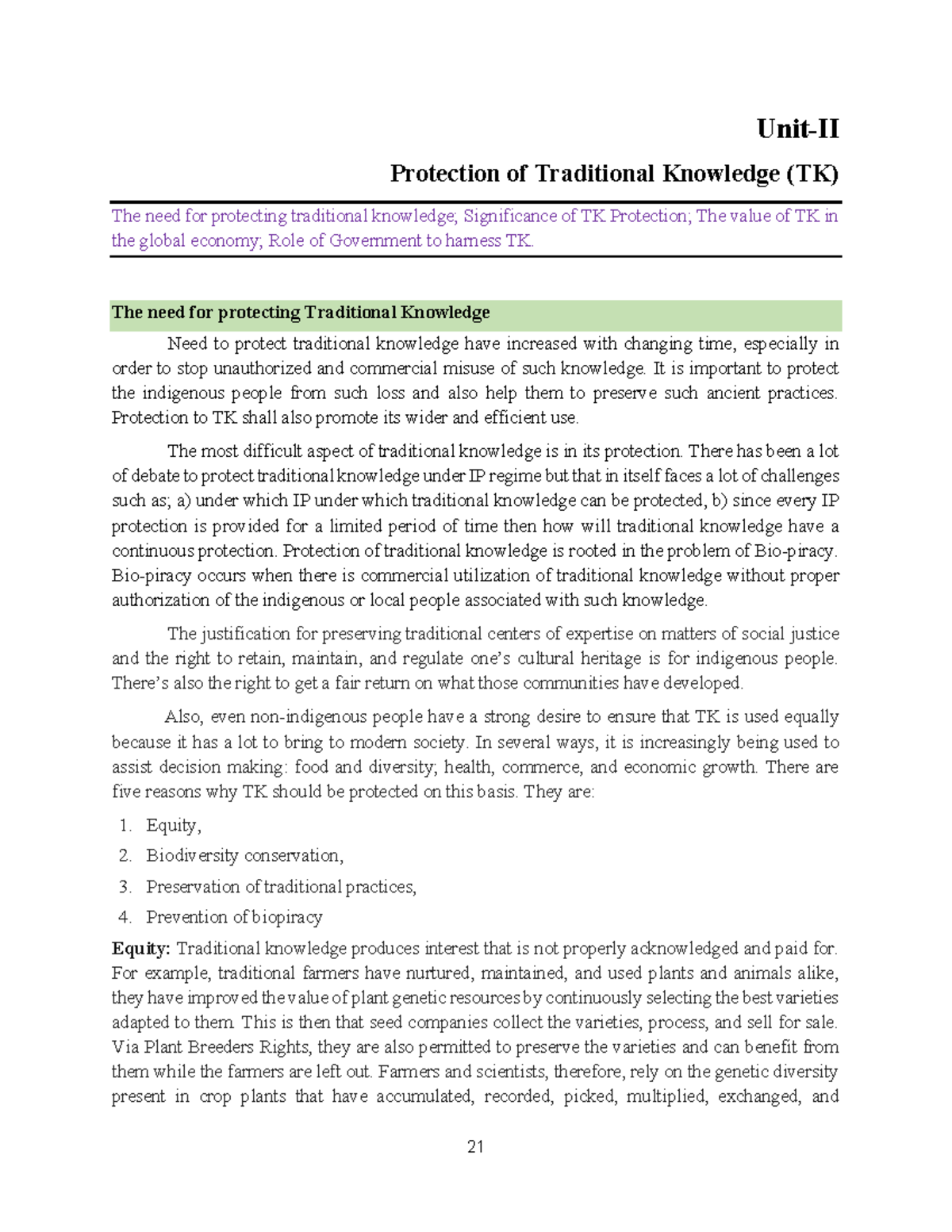 EITK UNIT-2: Summary and Protection of Traditional Knowledge - Studocu