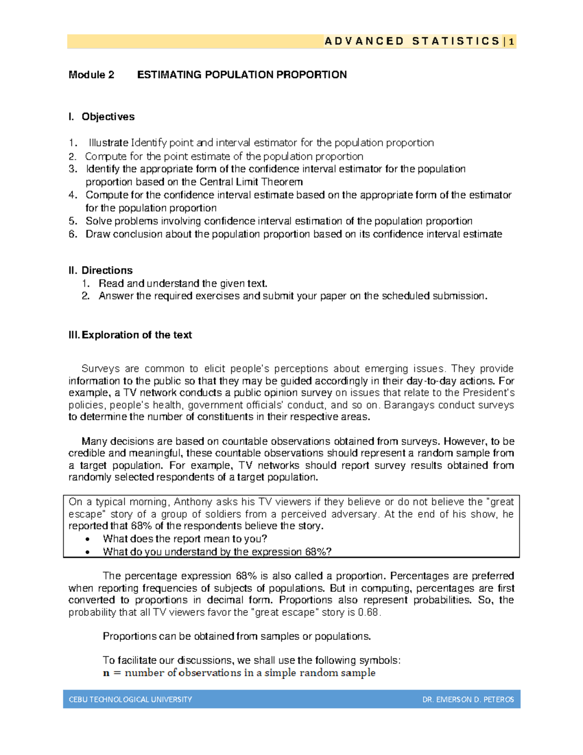 Module 2: Estimating Population Proportion in Statistics - Studocu