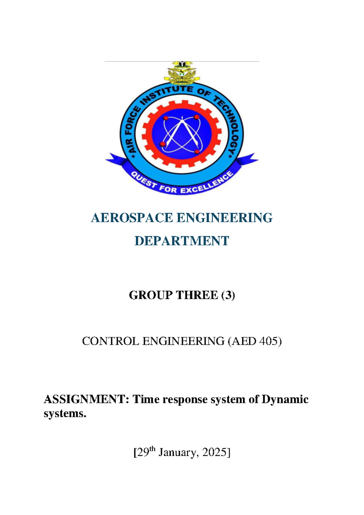 AEROSPACE ENGINEERING (AED 405) CONTROL SYSTEMS ASSIGNMENT: Time Response - Studocu