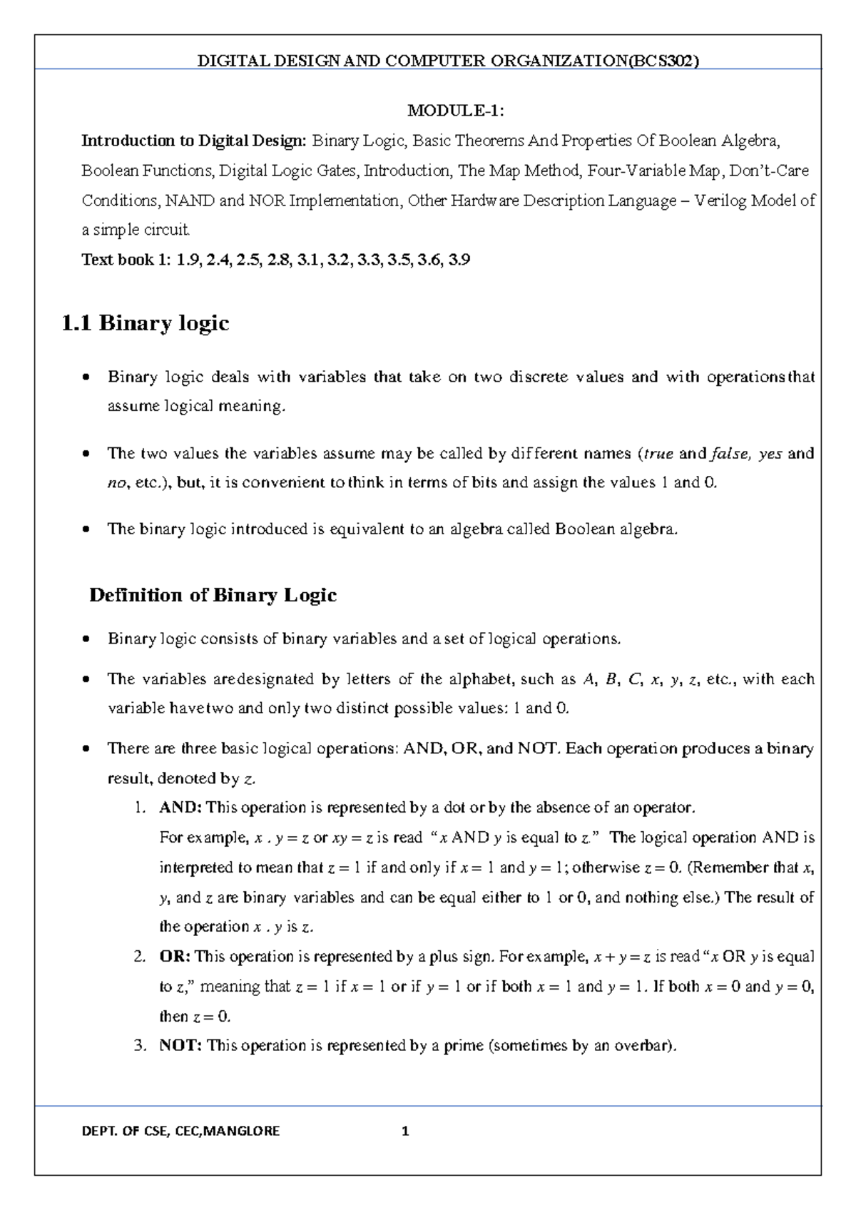 DIGITAL DESIGN AND COMPUTER ORGANIZATION (BCS302) Lecture Notes on ...