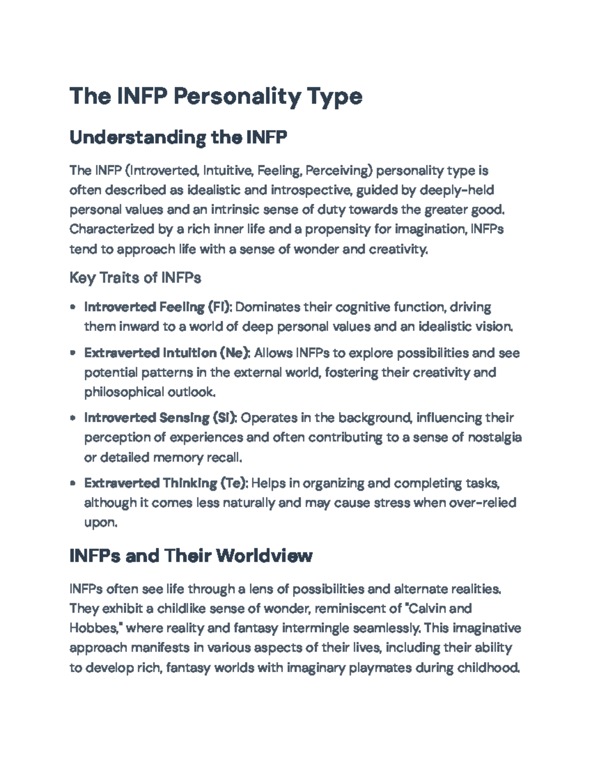 INFP Personality Type: Key Characteristics and Insights Analysis - Studocu