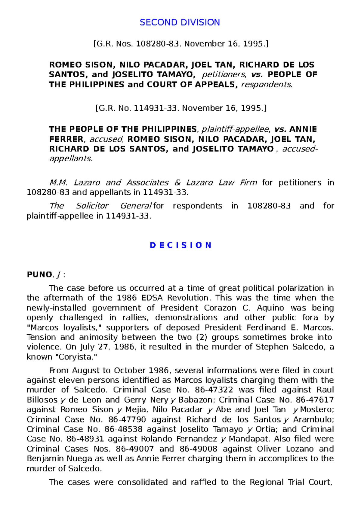 Sison v. People: Murder Case Analysis and Court Decision Review - Studocu