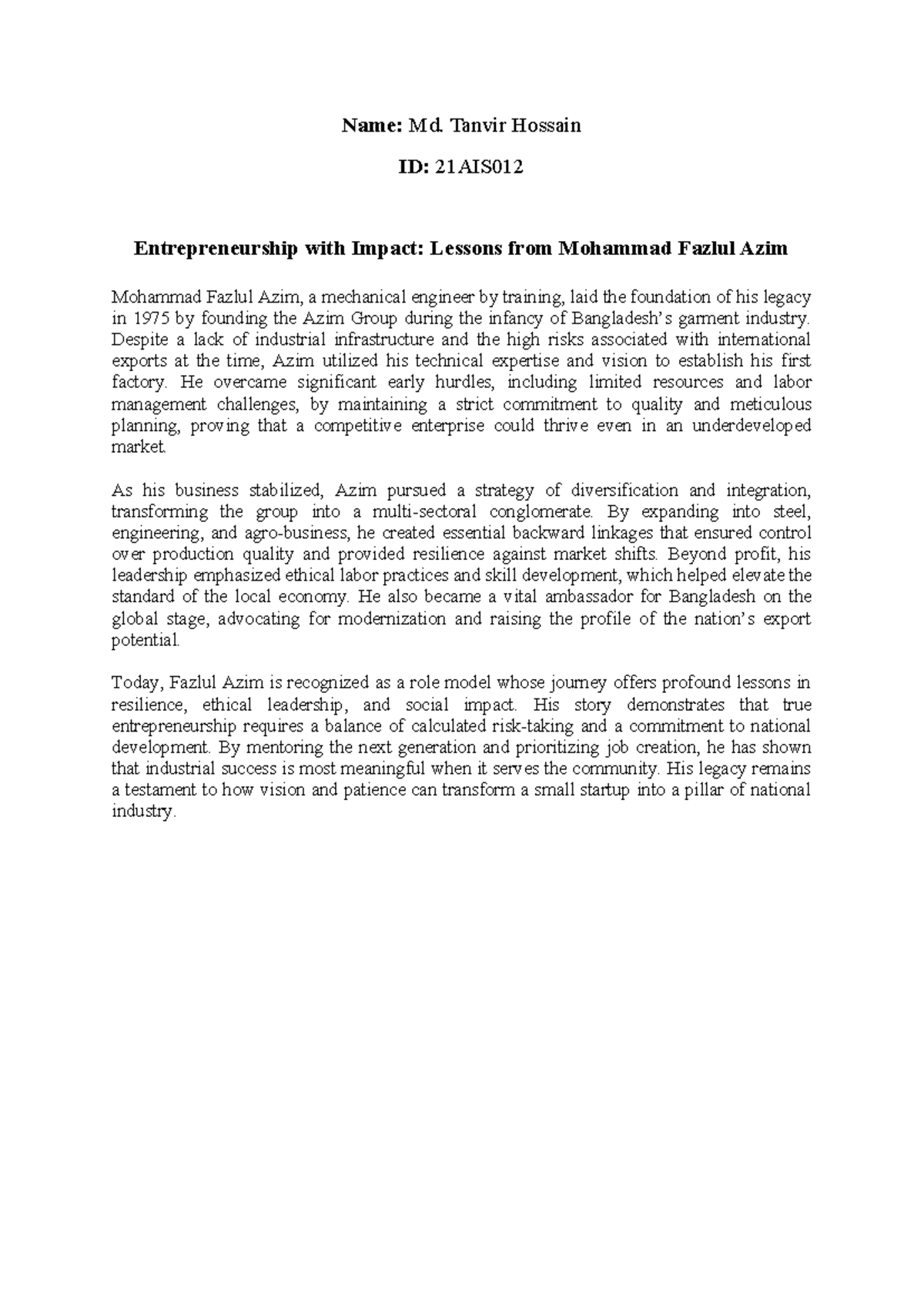 Entrepreneurship with Impact: Lessons from Fazlul Azim (21AIS012) - Studocu
