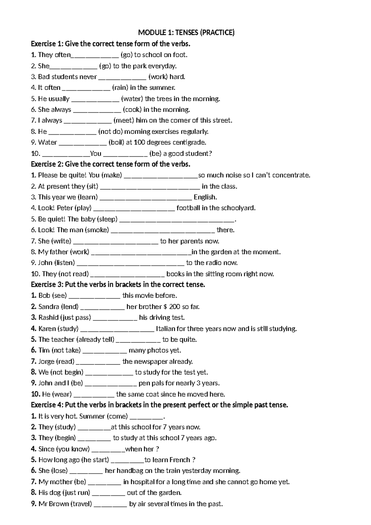MODULE 1: TENSES PRACTICE EXERCISES - Studocu