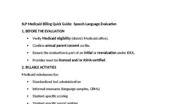 SLP 101 Medicaid Billing Quick Guide: Evaluation Process & Codes - Studocu